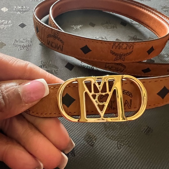 MCM | Accessories | Mcm Cognac Leather Belt With Gold Logo Buckle ...